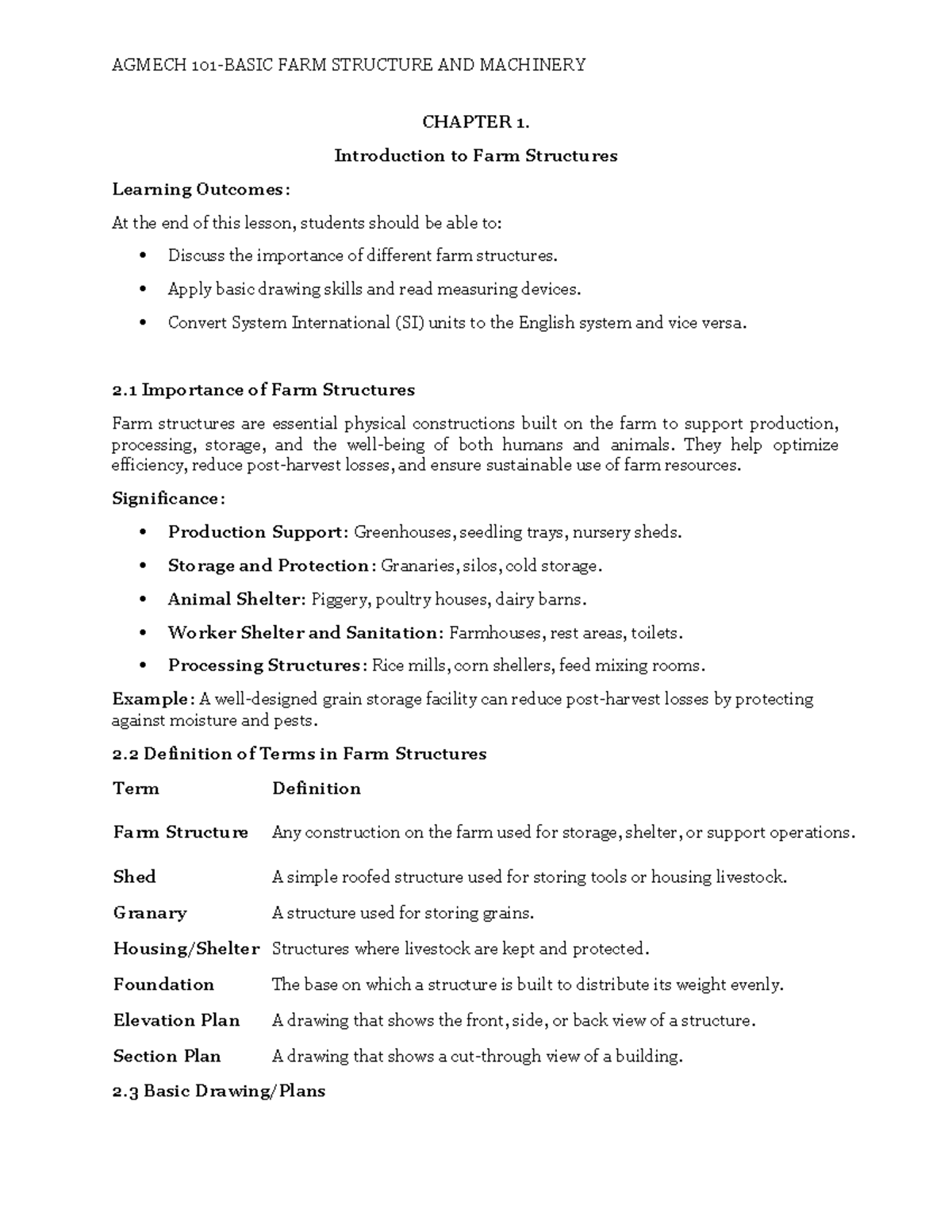 AGMECH 101 Chapter 1: Introduction to Farm Structures and Units - Studocu
