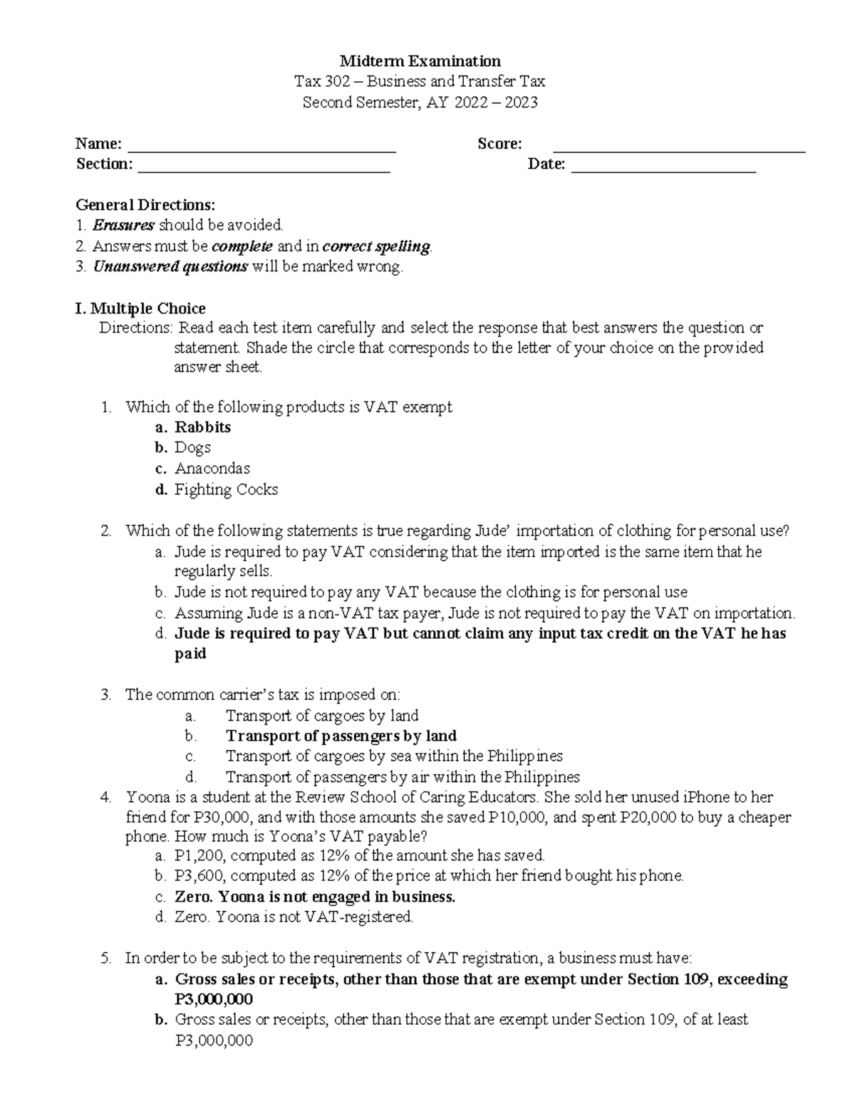 Midterm Exam Tax302 - Business and Transfer Tax AY 2022-2023 with ...