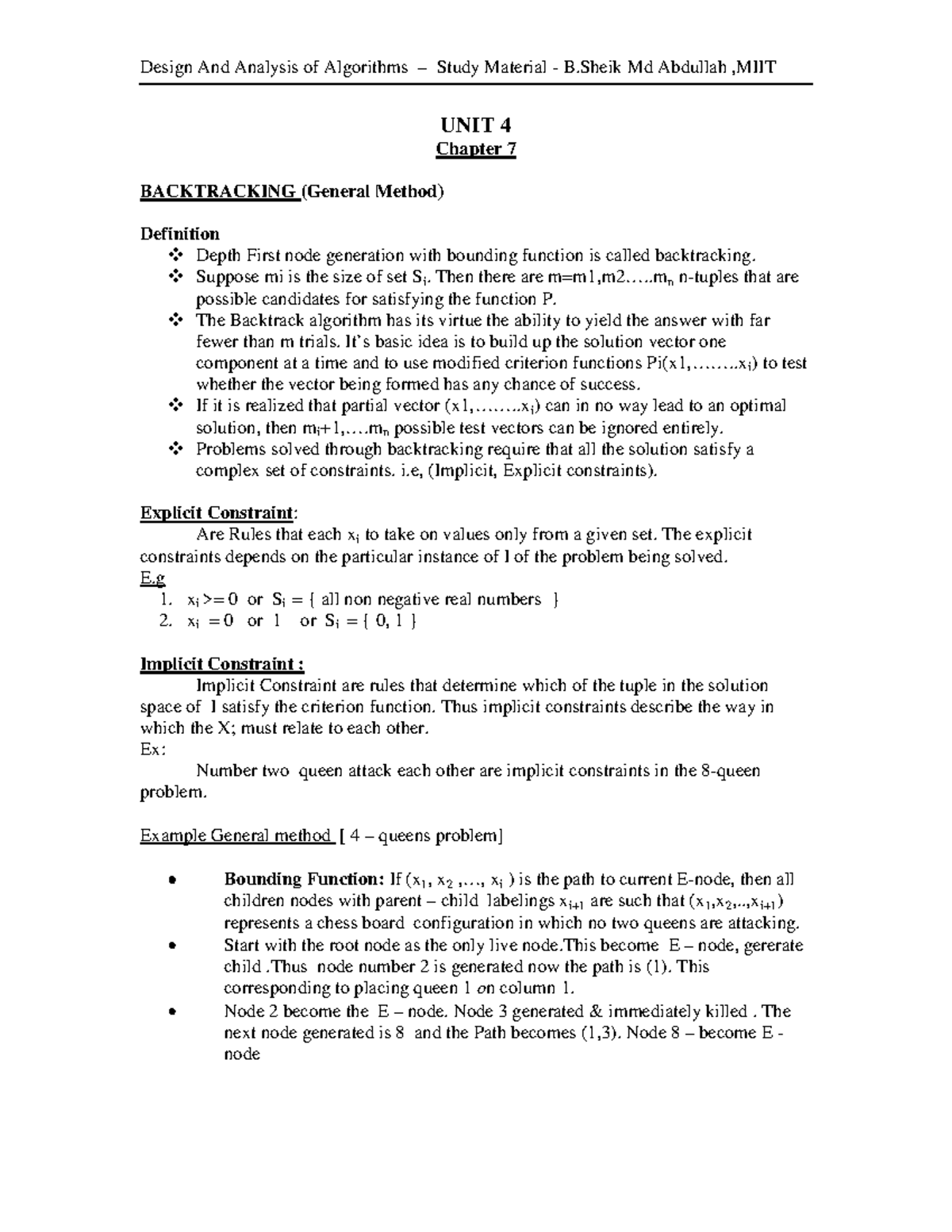 Design and analysis of algorithms - UNIT 4 Chapter 7 BACKTRACKING (General Method) Definition ...