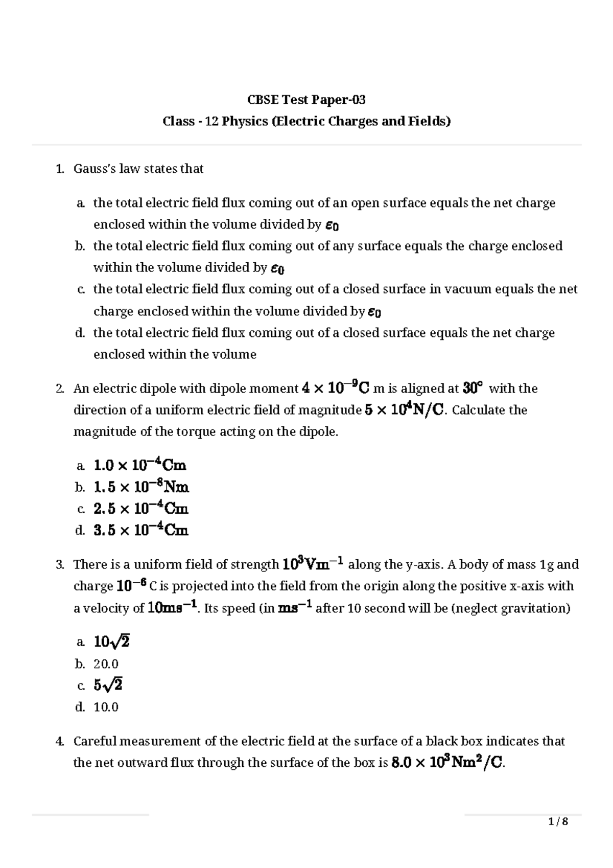 CBSE Test Class 12 Physics: Electric Charges and Fields Paper 03 - Studocu