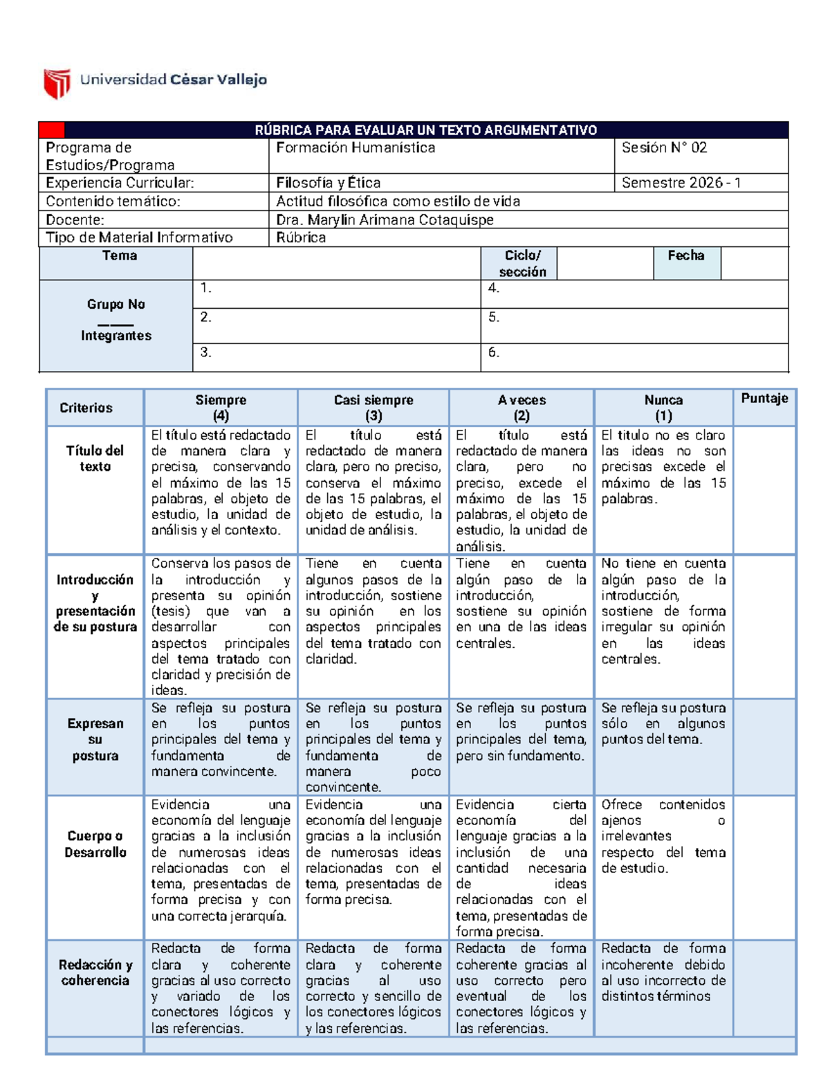 Rúbrica para Evaluar Texto Argumentativo - Filosofía y Ética - Semestre ...