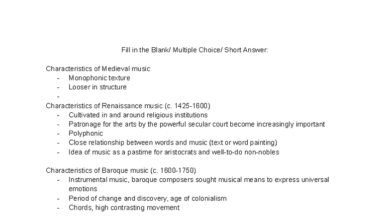 Exam 1 Study Guide: Characteristics of Medieval, Renaissance, and ...