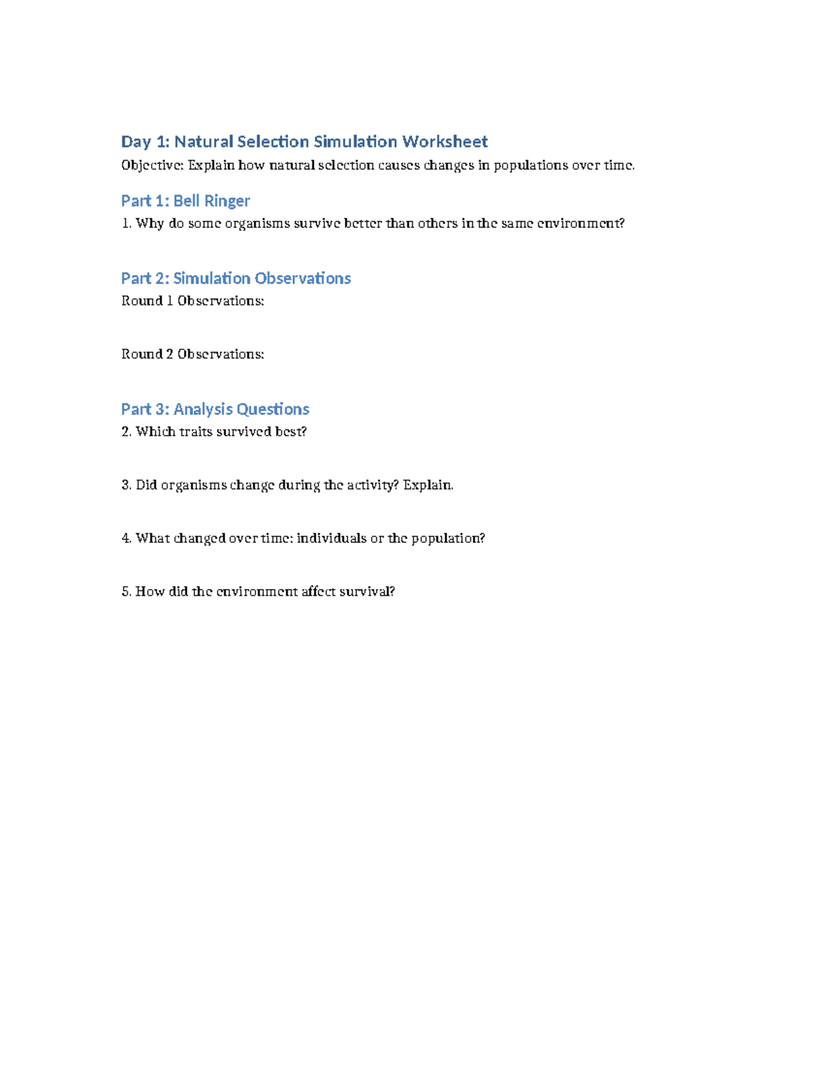 BIO101: Day 1 Natural Selection Simulation Worksheet & Answer Key - Studocu