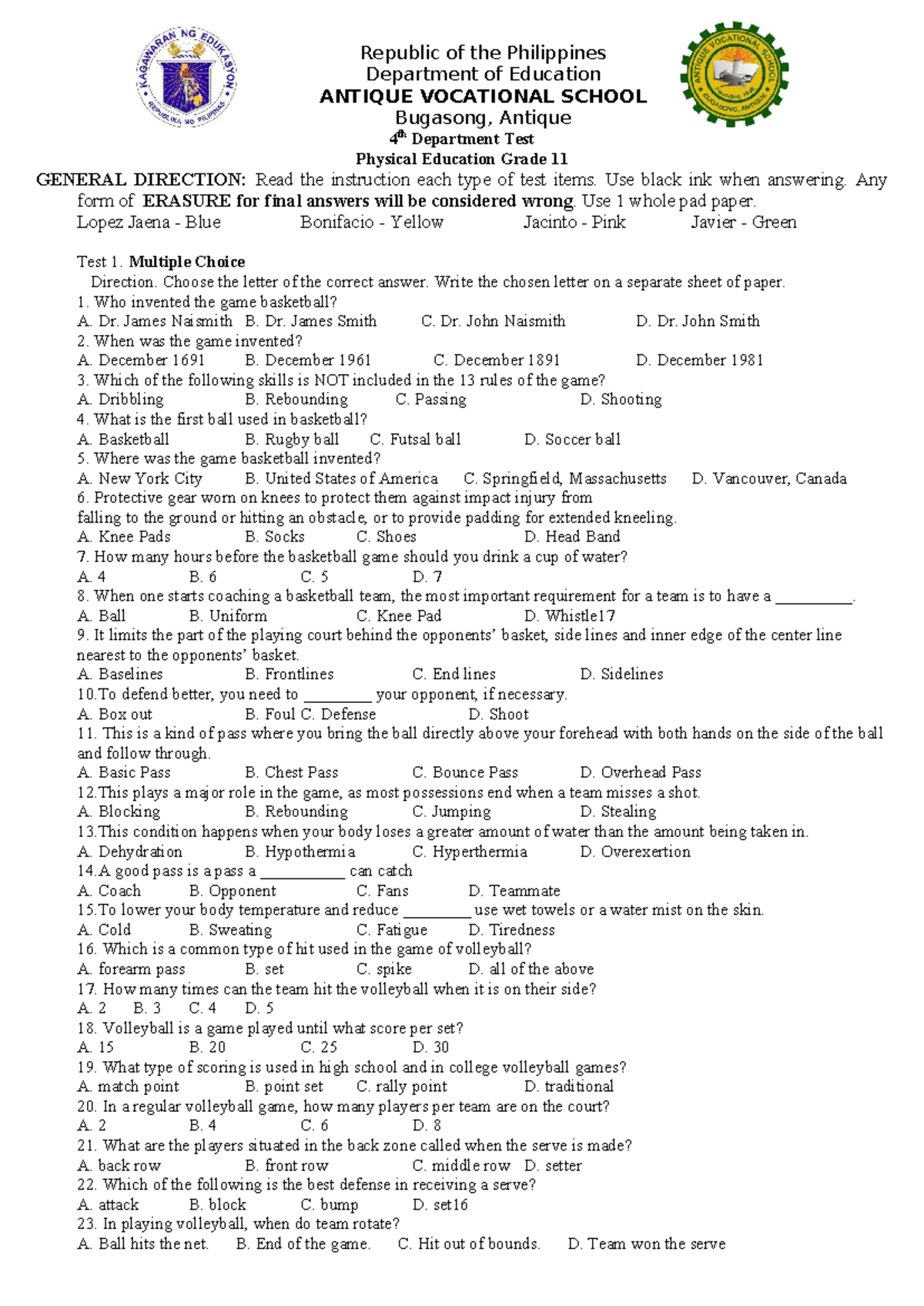G11 PE 4th Quarter Department Test: Basketball & Volleyball - Studocu