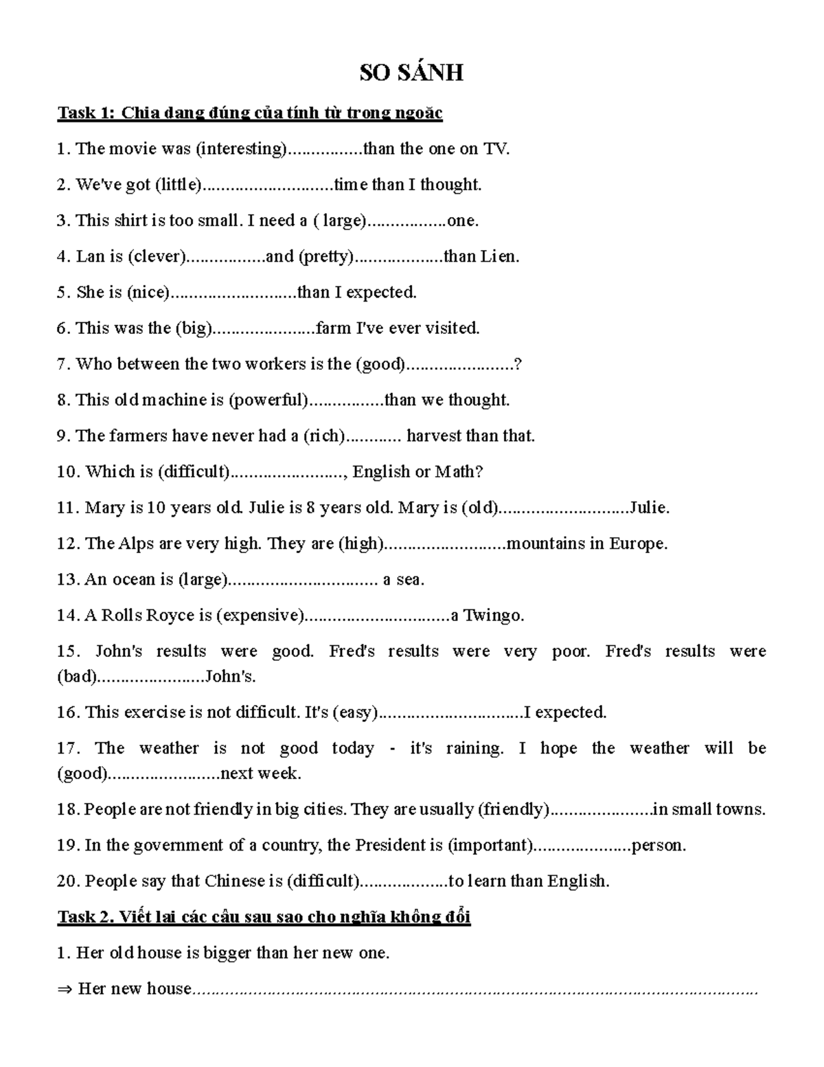So sánh 2: Task 1-4 Exercises on Adjectives and Comparatives - Studocu