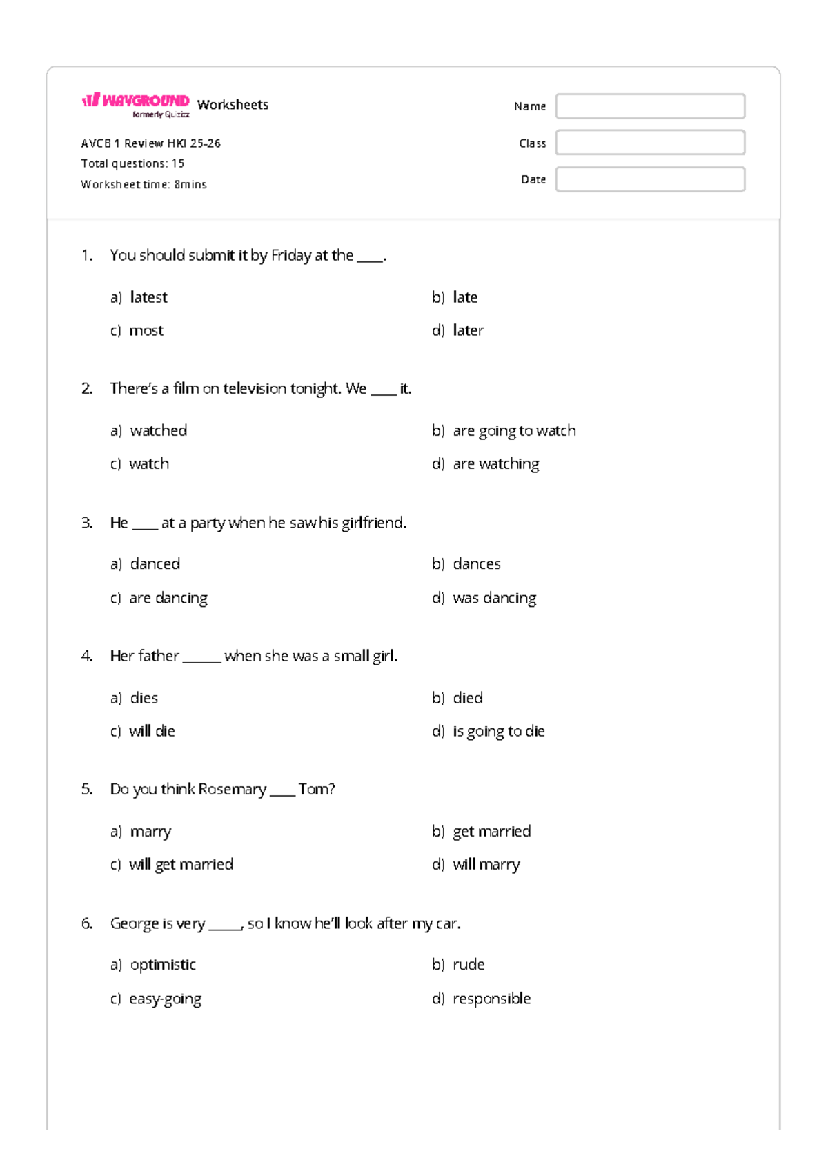 Final AVCB 1 Review Worksheet for HKI Class - Studocu