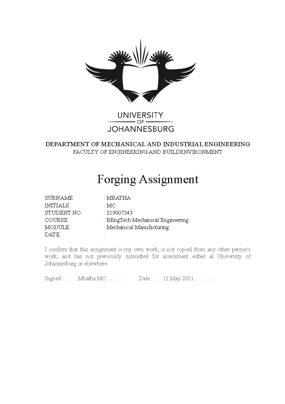 BEngTech Mechanical Engineering: Forging Assignment Analysis - Studocu