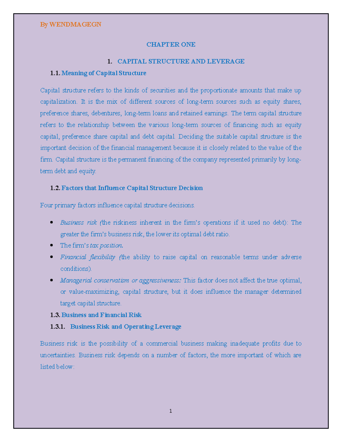 Financial Management (FM 101) Lecture Notes on Capital Structure and ...
