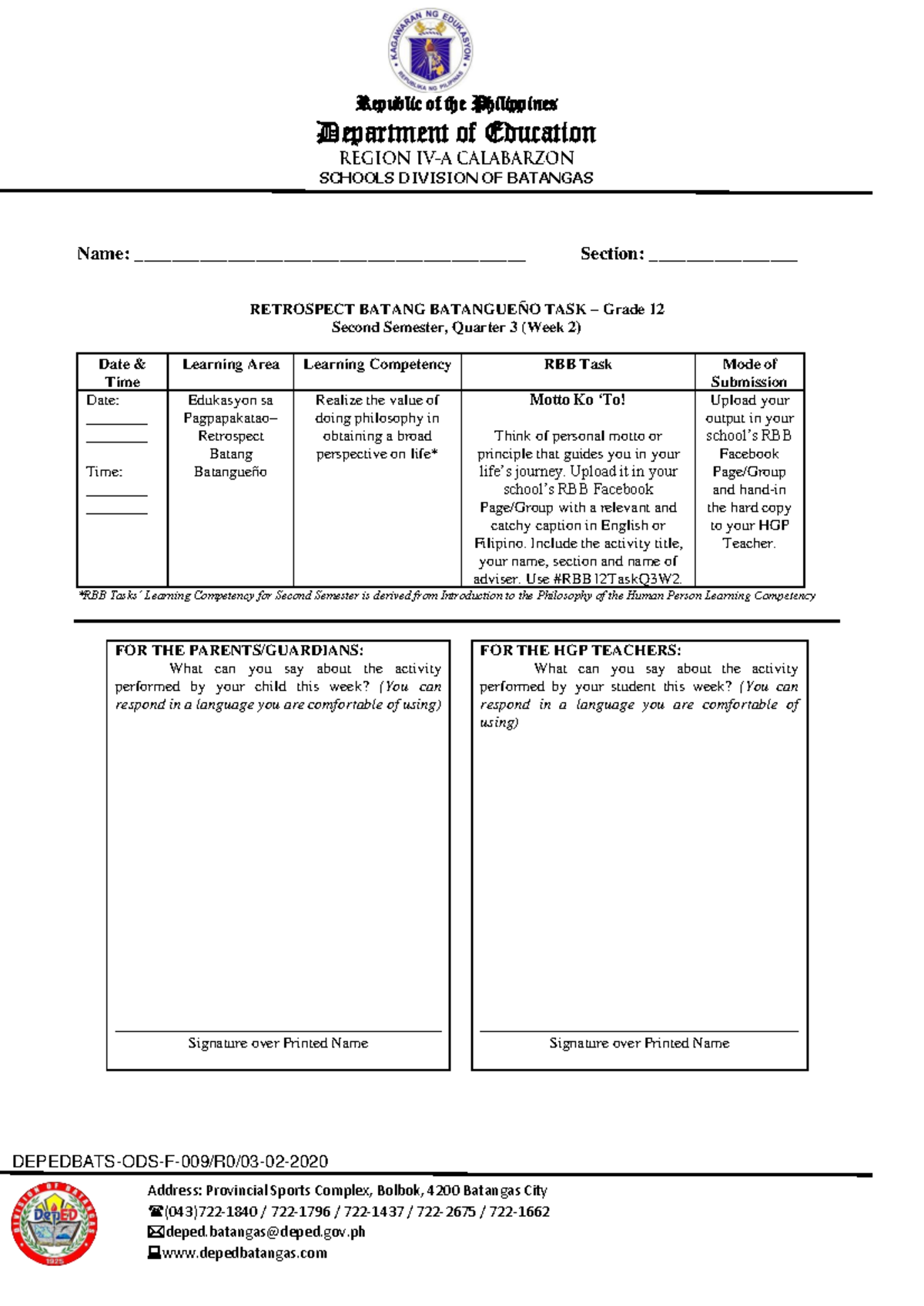 RBB Task: Edukasyon sa Retrospect Batangueño - Grade 12 2nd Sem - Studocu