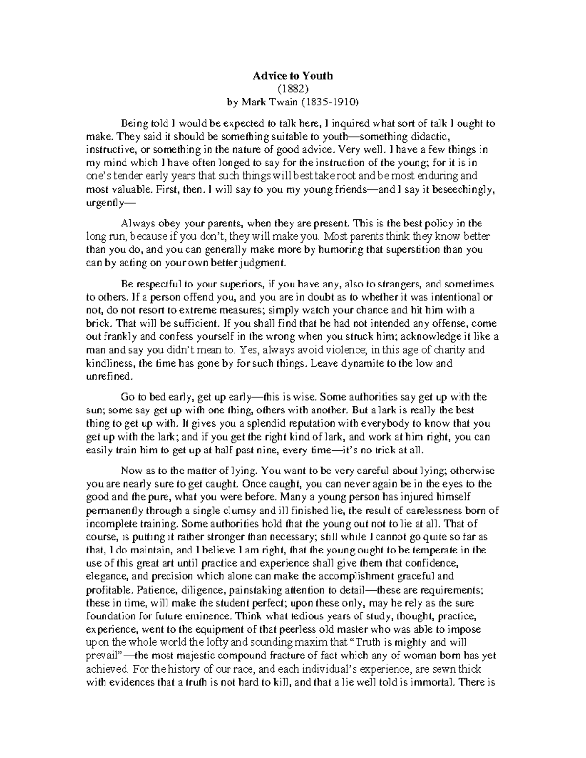 Advice to Youth: Timeless Guidance from Mark Twain (1882) - Studocu