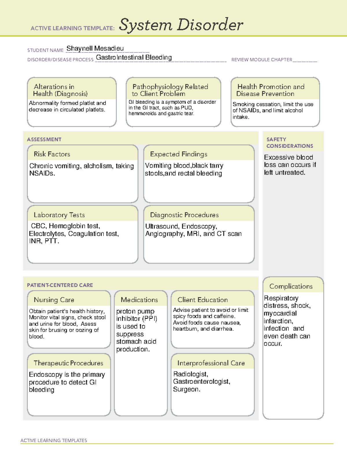ATI learning template GI Bleeding - ACTIVE LEARNING TEMPLATE: System ...