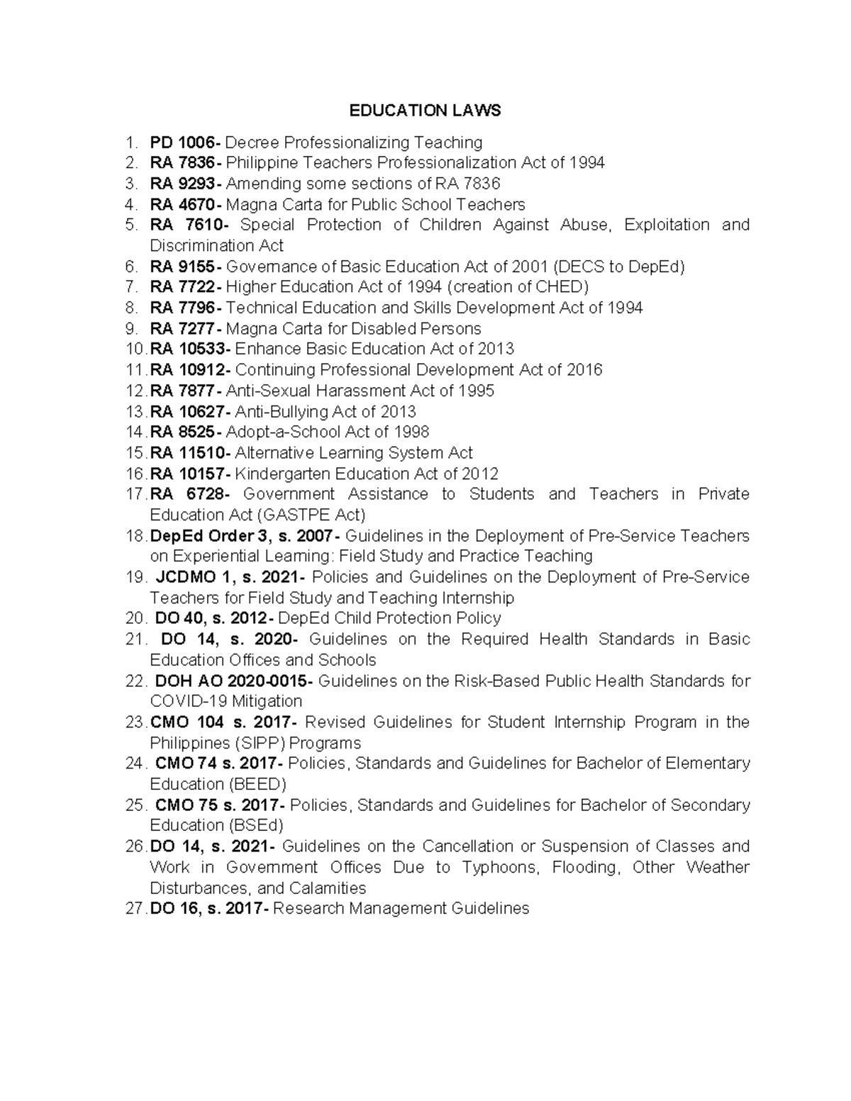 Education LAWS - EDUCATION LAWS PD 1006- Decree Professionalizing ...