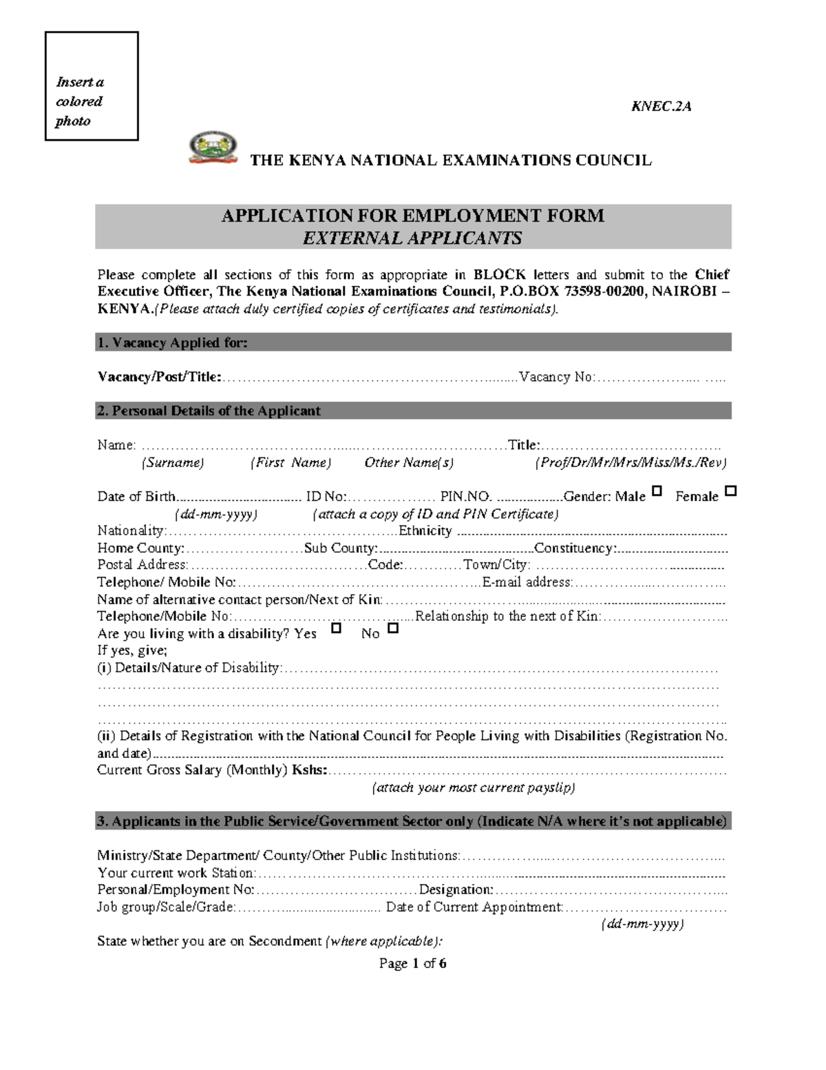 KNEC Employment Application Form for External Applicants (FORM 2A ...