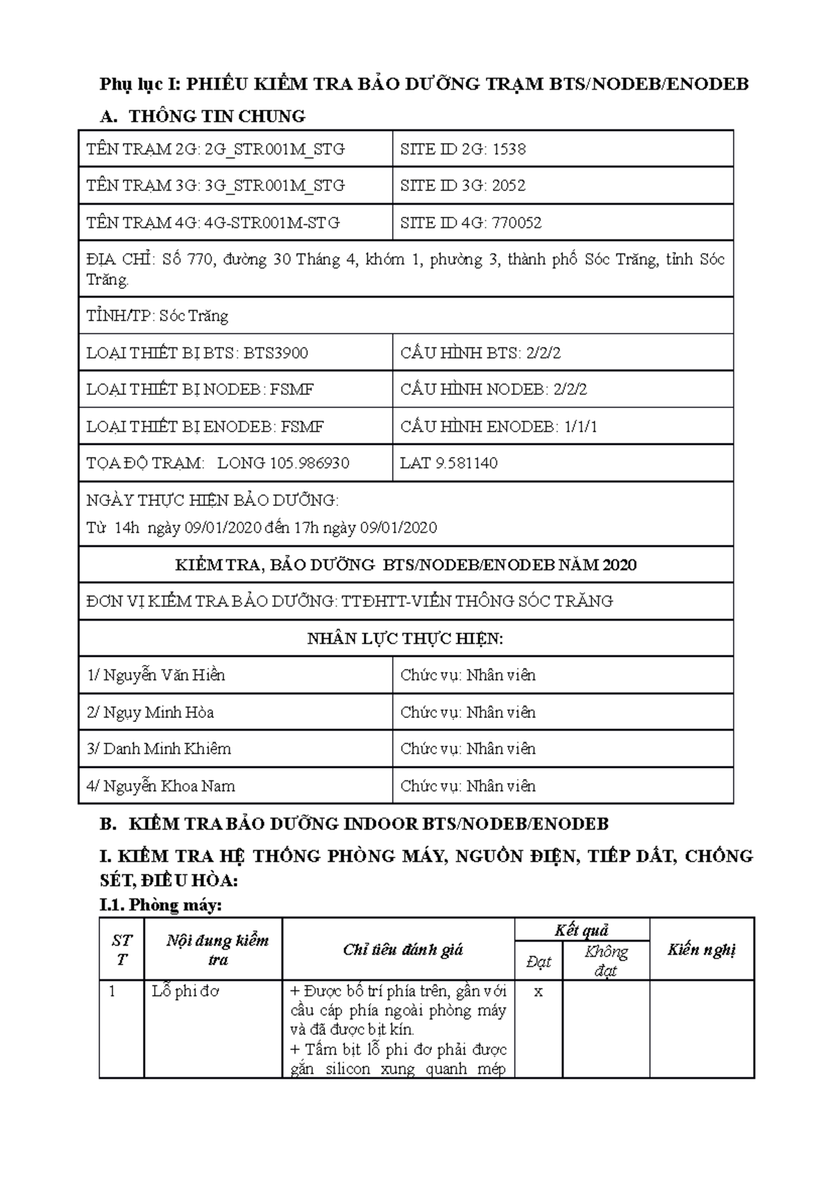 Báo cáo Bảo Dưỡng BTS/NODEB/ENODEB - STR001M - 2020 - Studocu