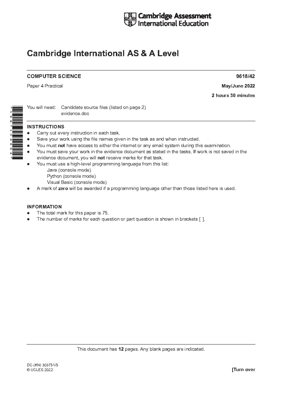 Cambridge International AS A Level Computer Science 9618/22 Paper 4 Practical - Studocu