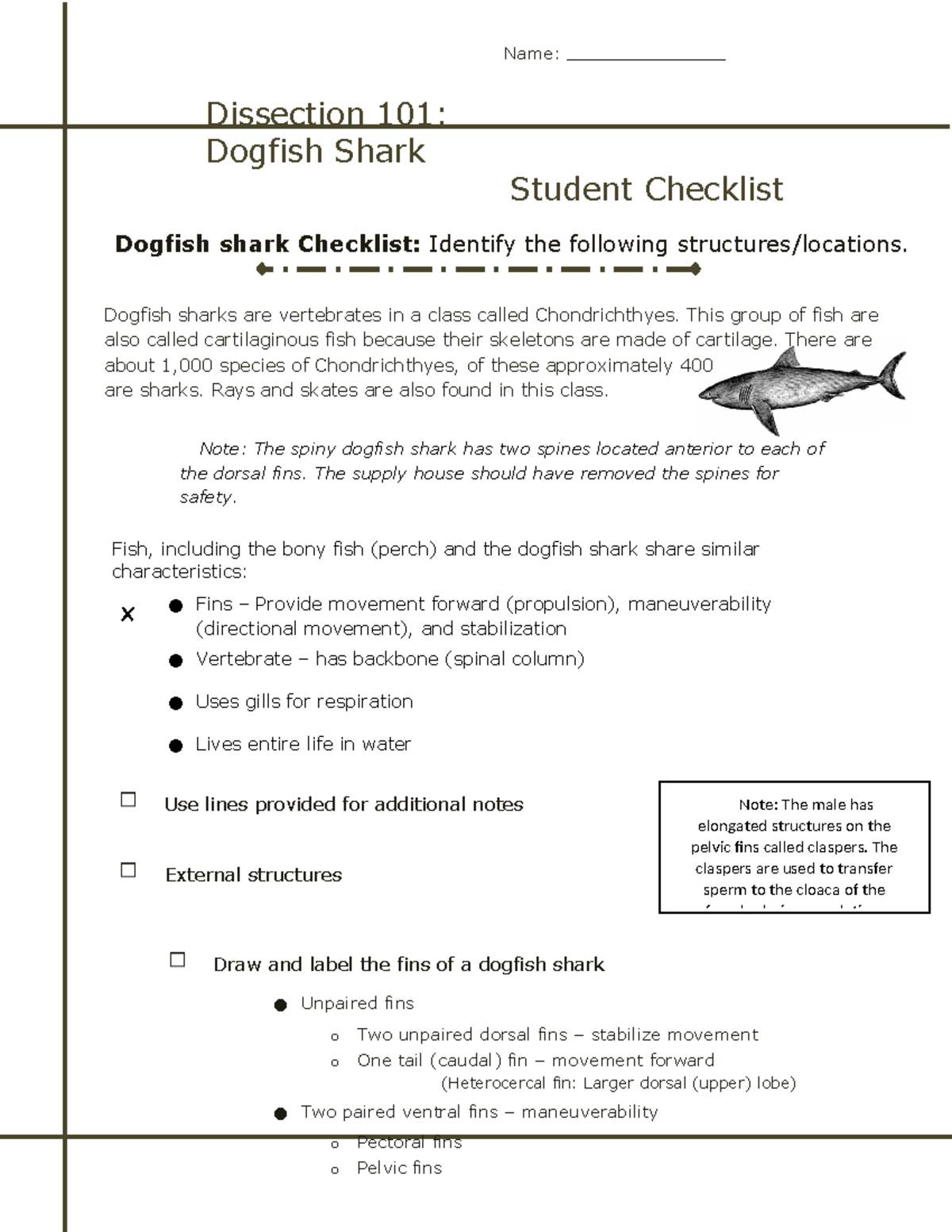 Copy of Shark Dissection Student Checklist - Dissection 101: Dogfish ...