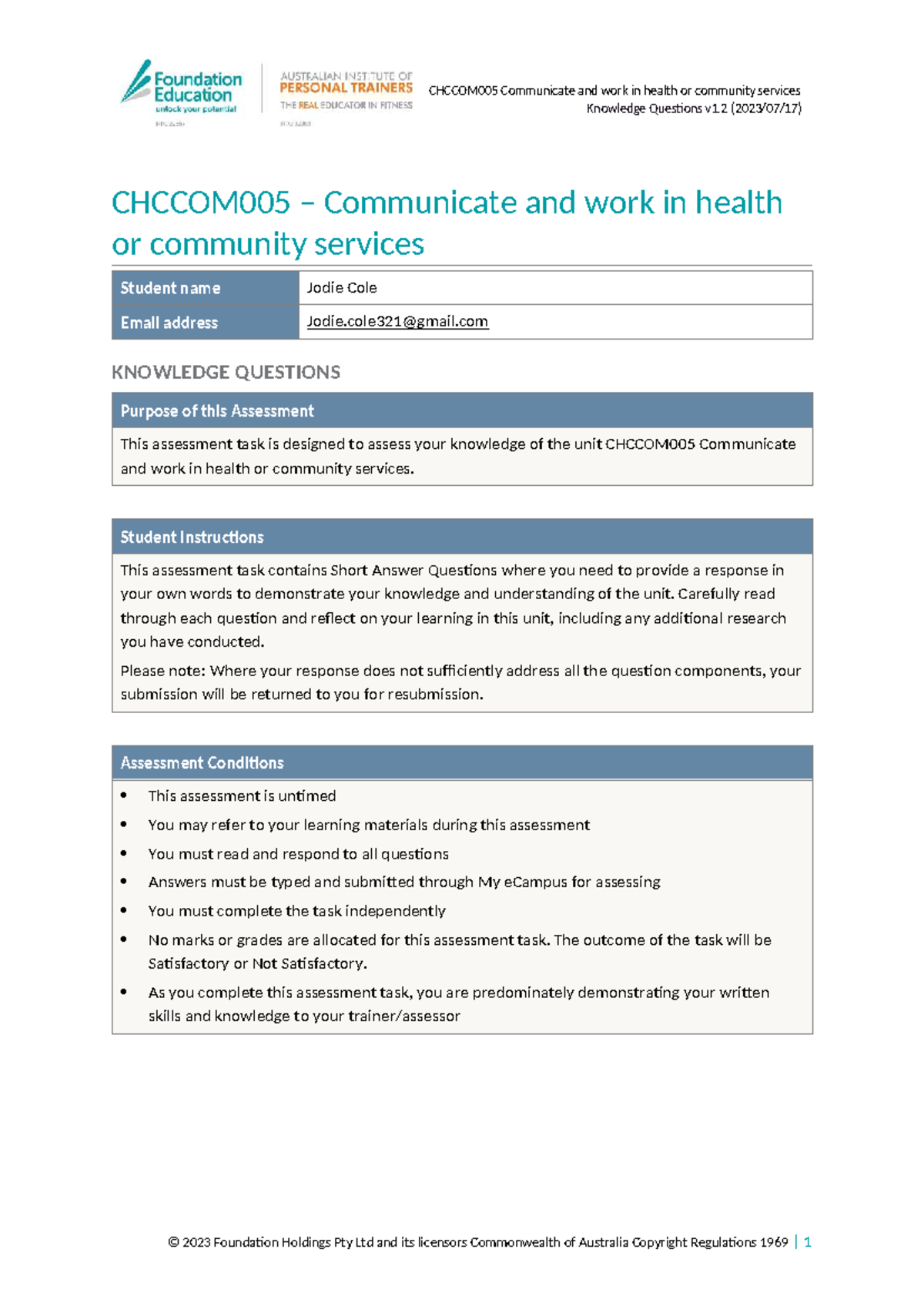 CHCCOM005 Knowledge Questions for Communicating in Health Services ...