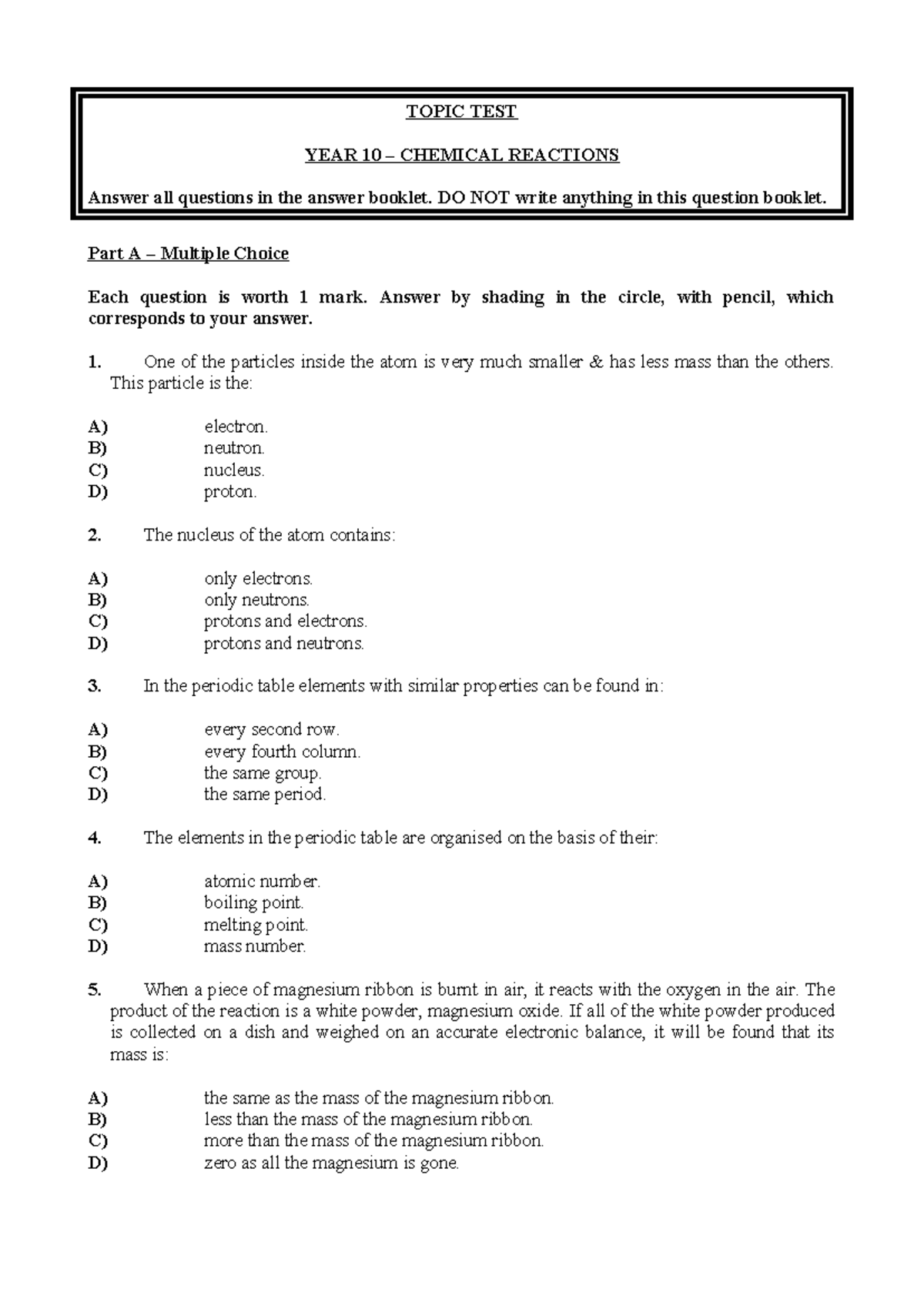 Yr10 Chemical Reactions Topic Test: Multiple Choice Questions - Studocu