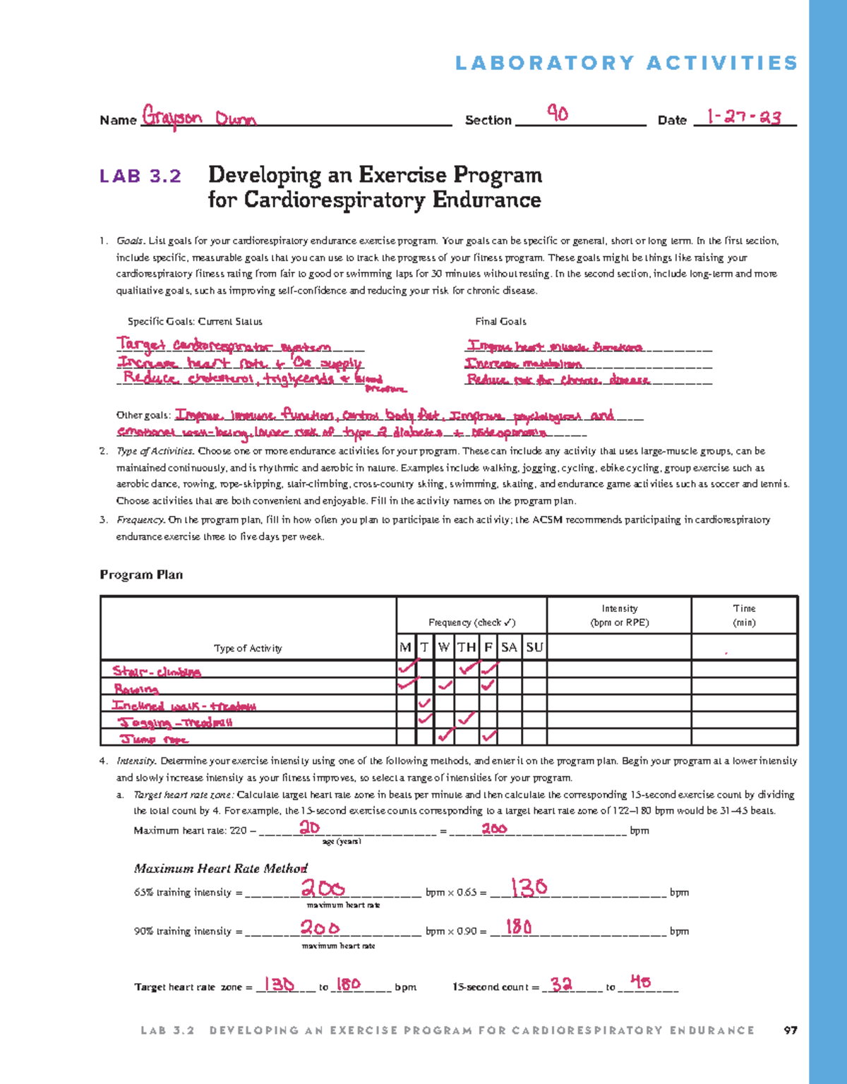 Lab 3.2 - Exercise Program Development for Cardiorespiratory Endurance ...