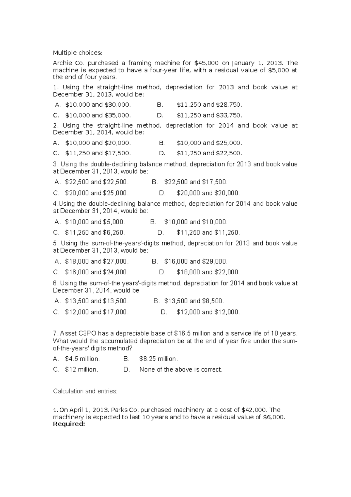 Homework for Chapter 9: Depreciation Calculations and Methods - Studocu