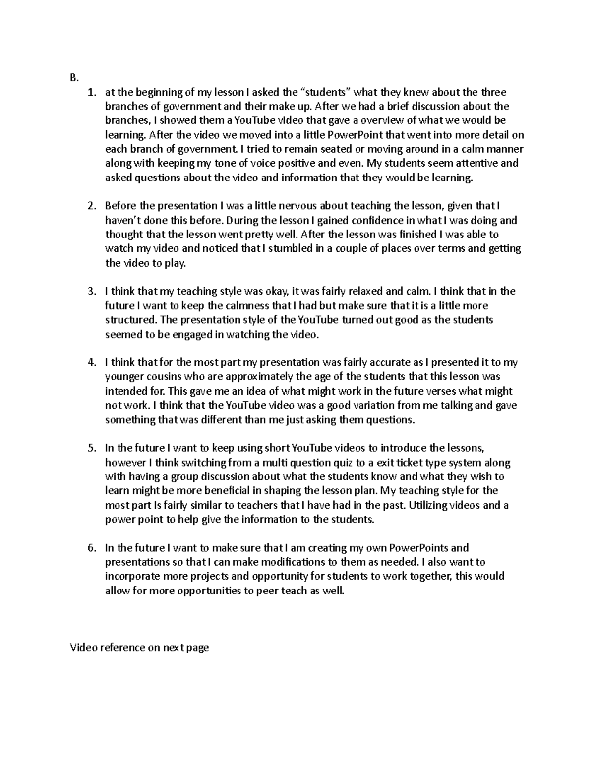 D091 Task 4 Reflection on Teaching a Lesson on Government Branches ...