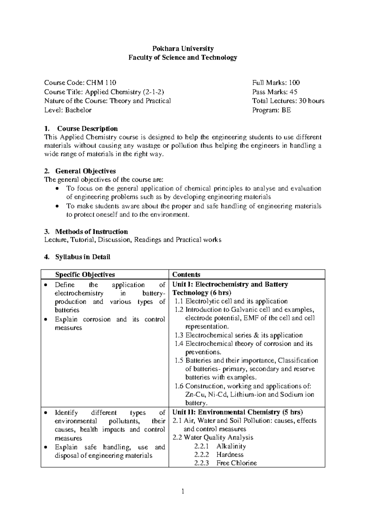 Applied Chemistry Syllabus for BE 1 - CHM 110 at Pokhara University ...