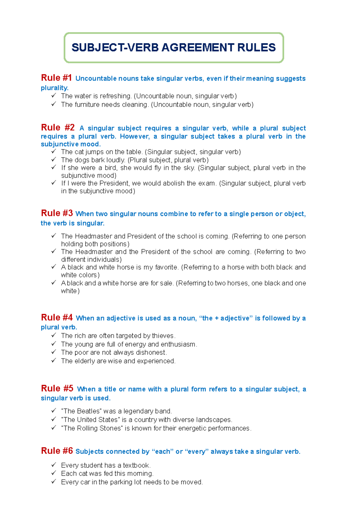 S V A Rules - SUBJECT-VERB AGREEMENT RULES Rule #1 Uncountable nouns ...