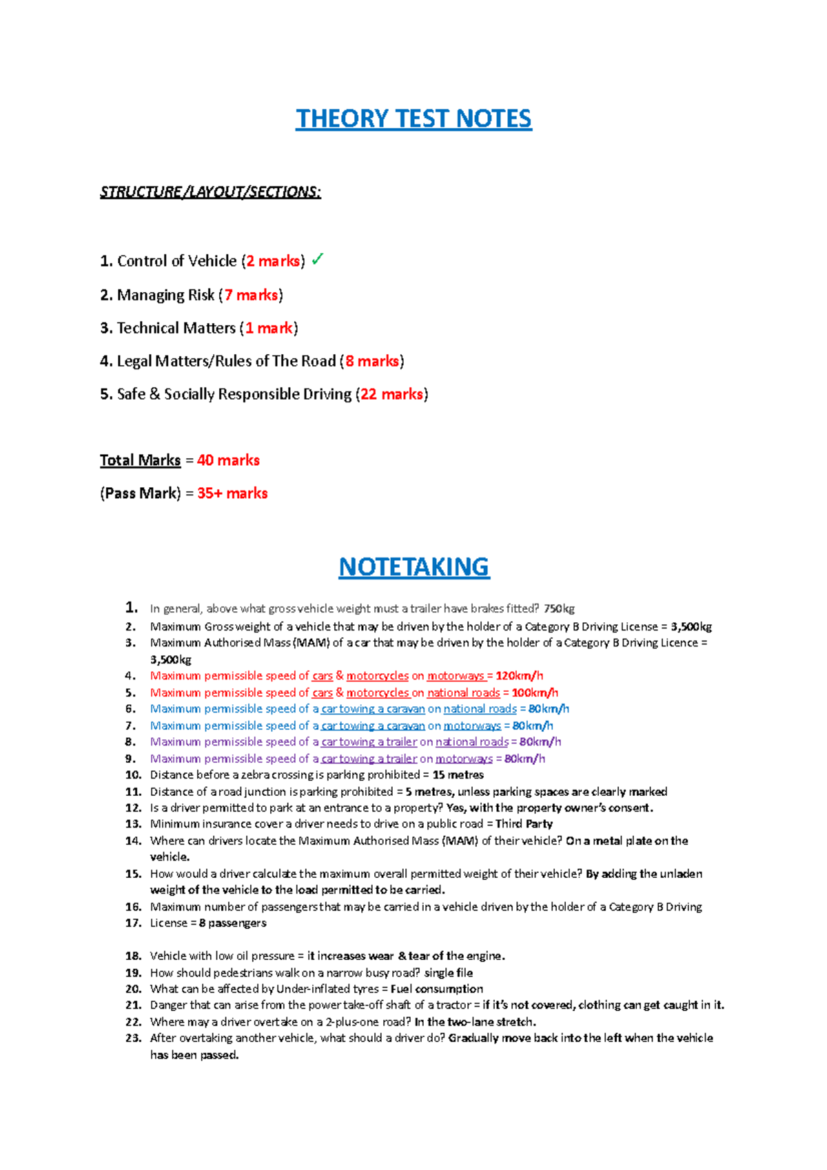 Theory Test Study Notes: Essential Driving Knowledge - Studocu