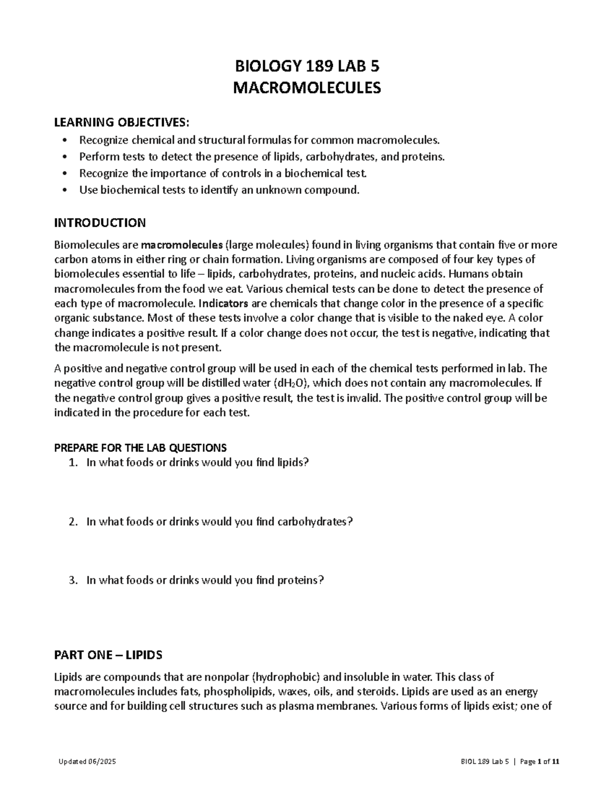 BIOL 189 Lab 5: Testing for Macromolecules - Lipids, Carbs, Proteins ...