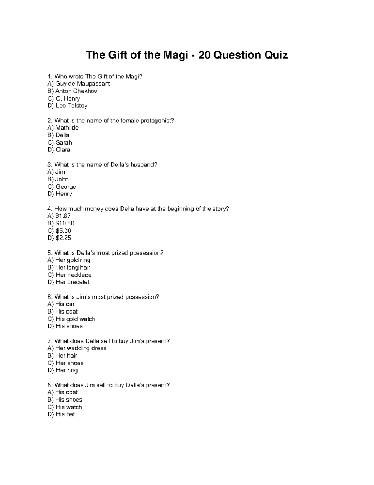 The Gift of the Magi Quiz: 20 Essential Questions - Studocu