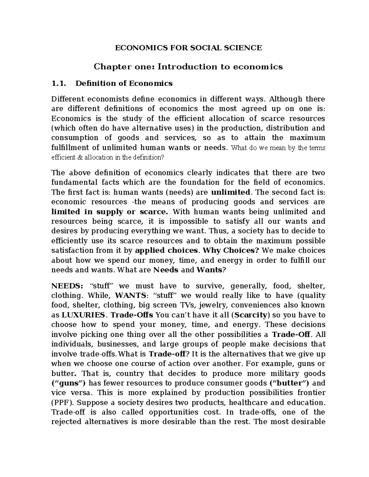 ECONOMICS FOR SOCIAL SCIENCE Chapter 1: Introduction to Economics - Studocu