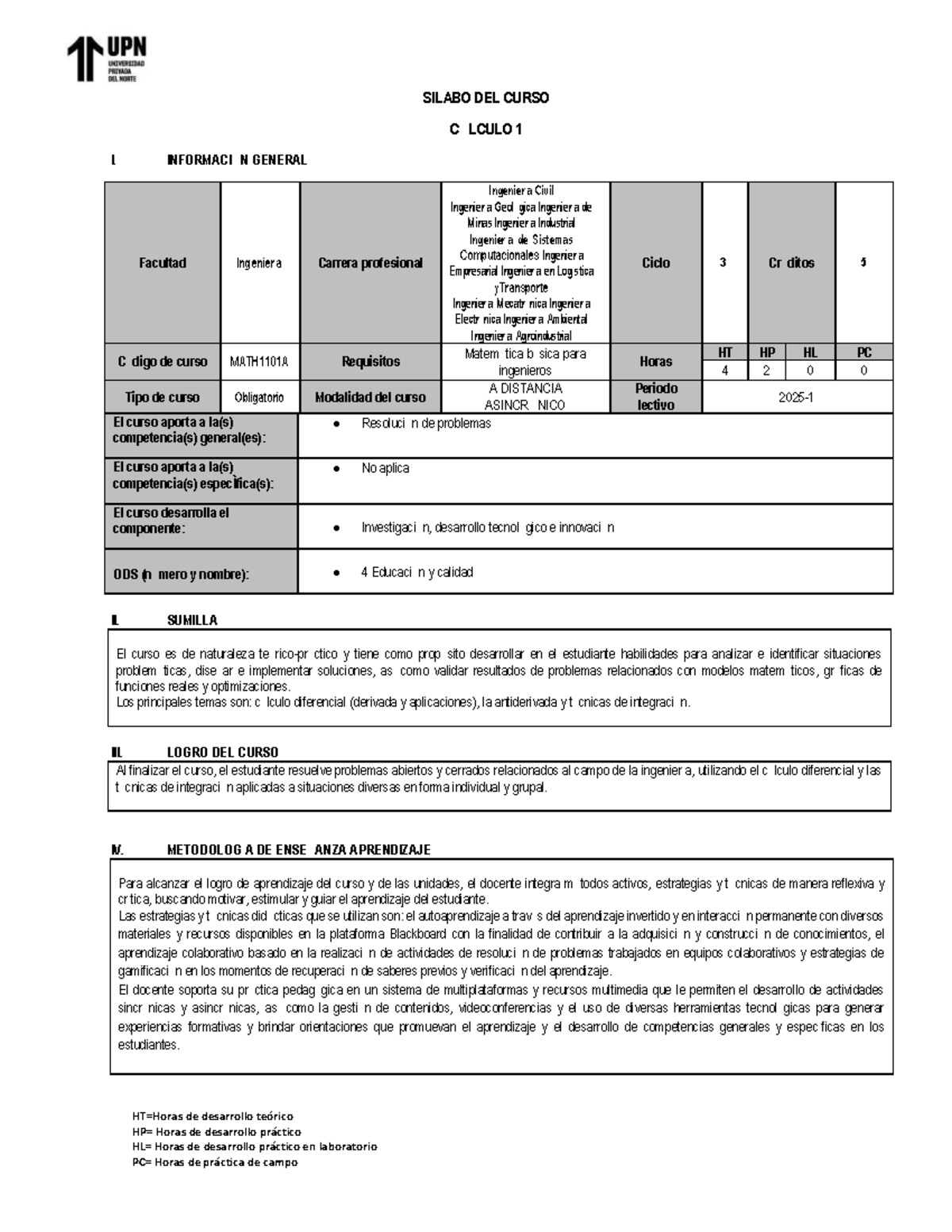 MATH - Información Didáctica - HT=Horas de desarrollo teórico HP= Horas de desarrollo práctico ...