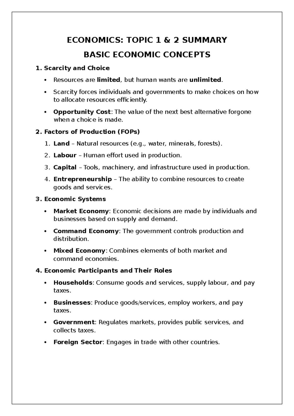 ECON 101: Summary of Basic Economic Concepts (Topics 1 & 2) - Studocu