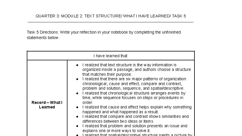 Q3: Module 2 Reflection on Text Structure - Task 5 - Studocu