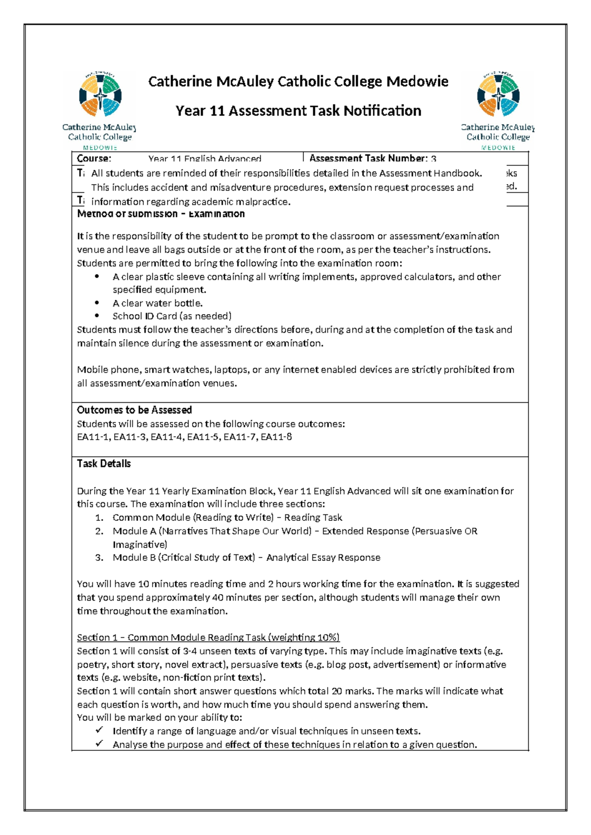 Year 11 English Advanced: End of Course Exam Notification - Studocu