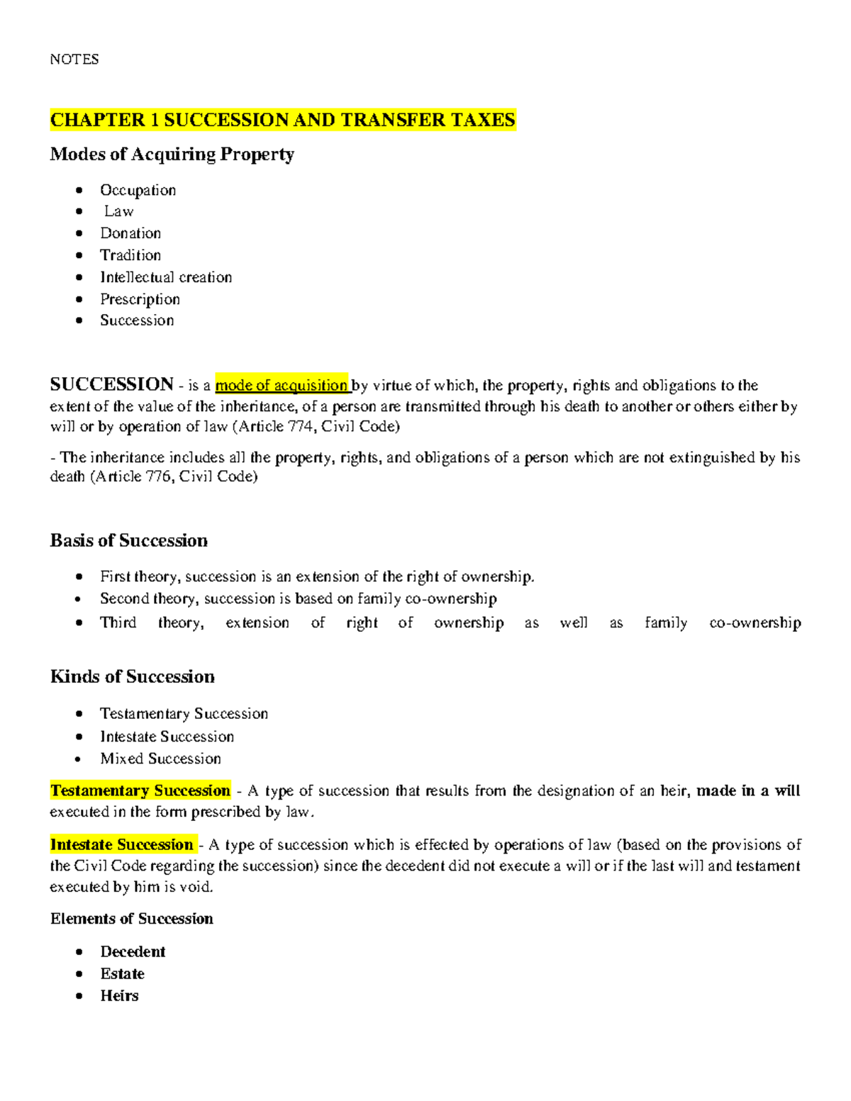 Business Taxation Notes: Succession & Transfer Taxes Overview - Studocu
