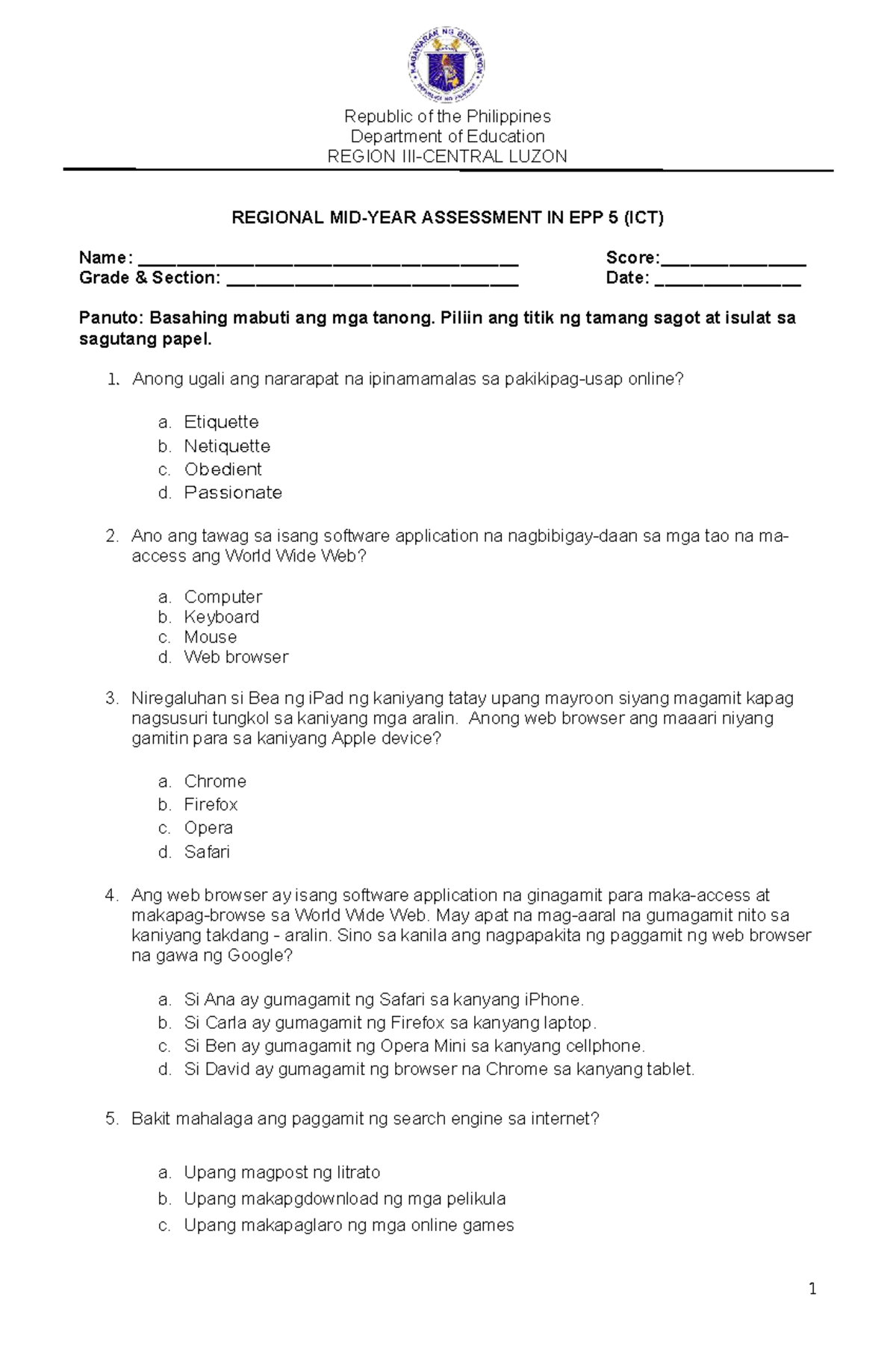 EPP 5 ICT Regional Assessment Tool: Online Behavior & Software Use ...