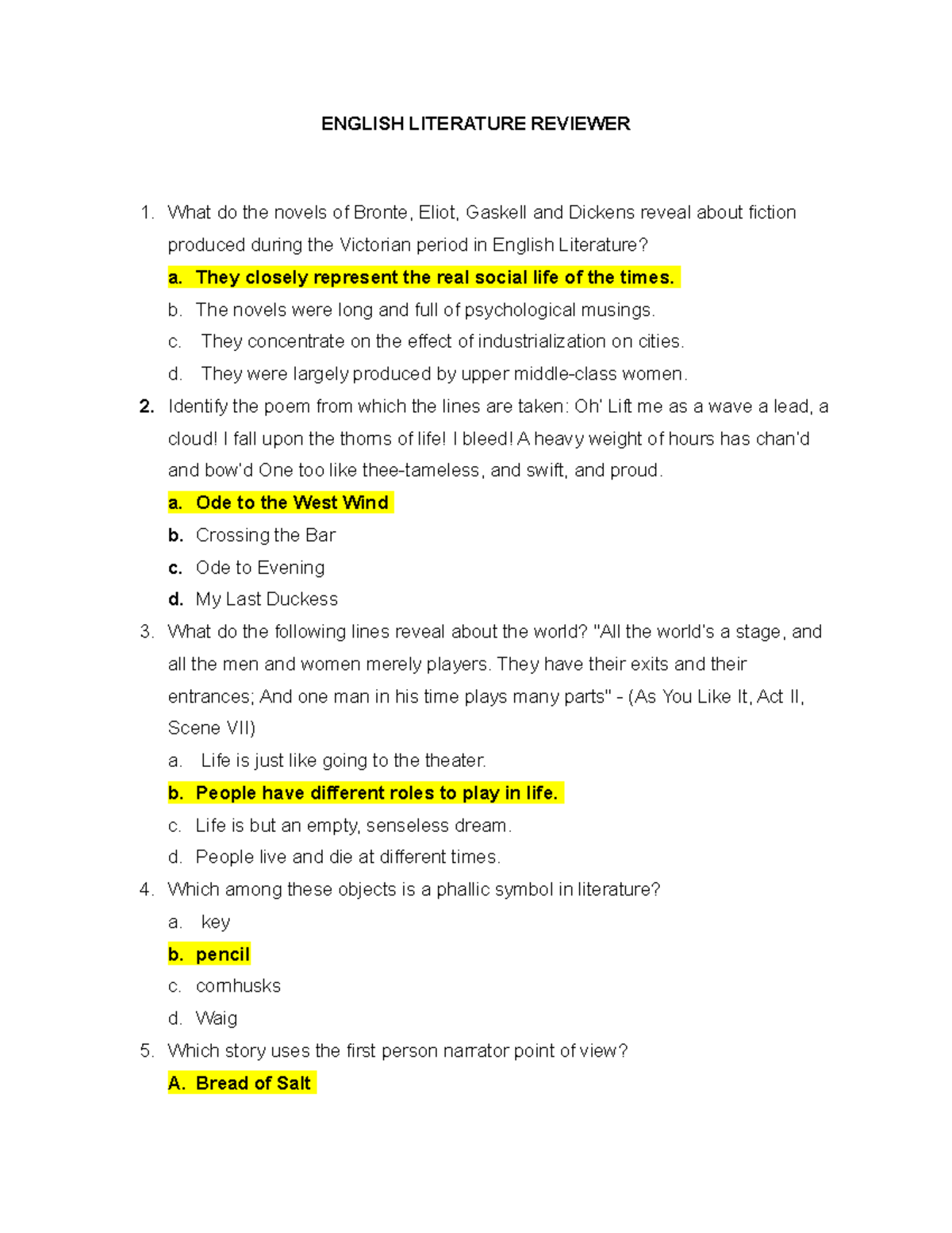 ENG 101: English Literature Final Exam Reviewer & Insights - Studocu