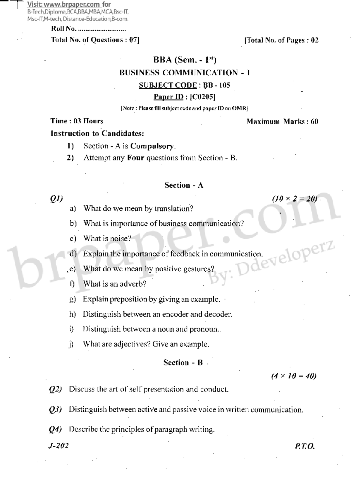 BBA question paper-1 - Notes for BBA 4th semester -T- Roll No ...