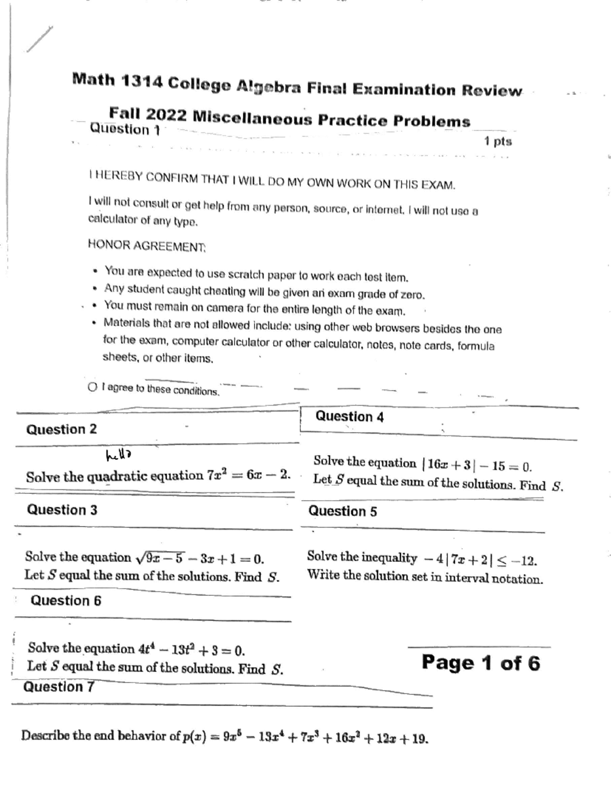 Final exam review - Math 1314 College Algebra Final Examination Review ...
