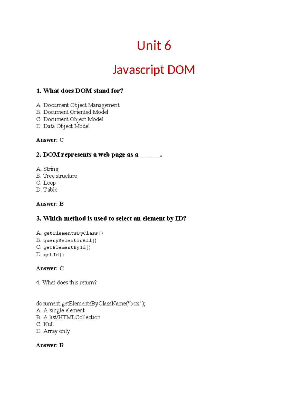 Unit 6 JS DOM MCQ Notes: Understanding Document Object Model - Studocu