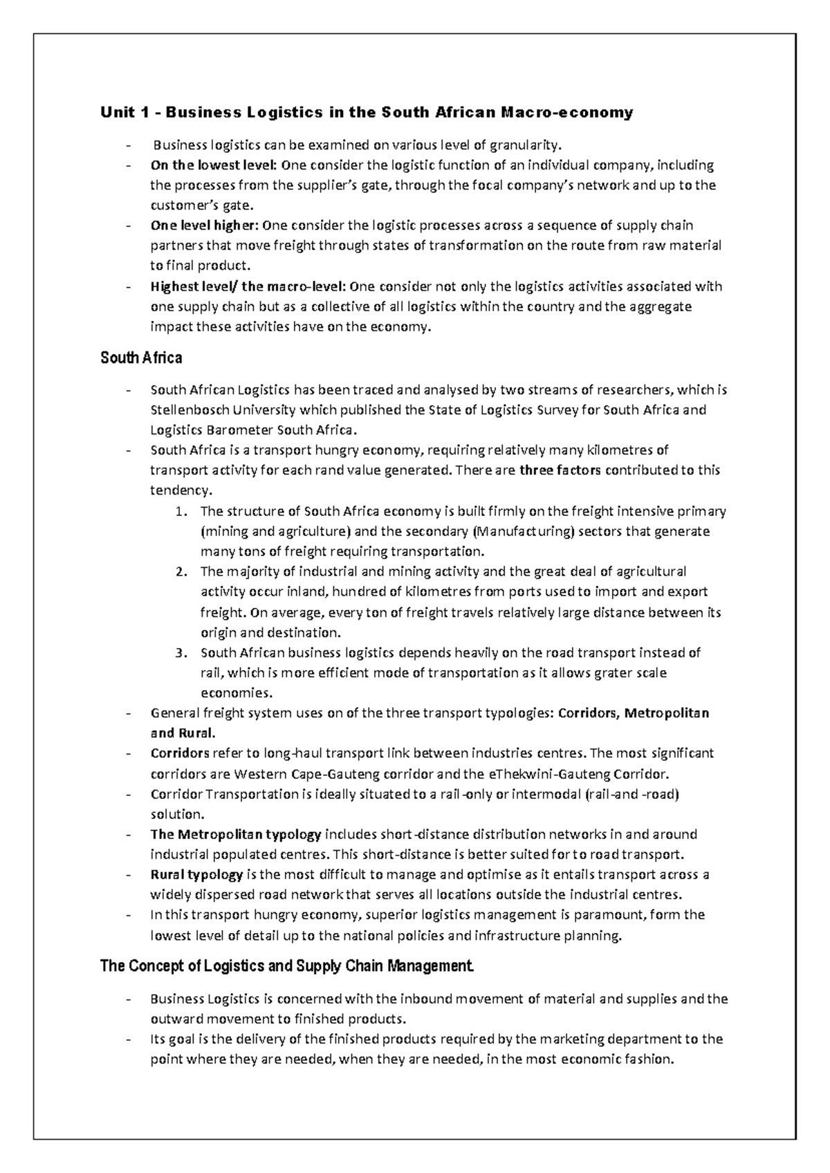Supply Chain notes Unit 1 - Unit 9 - Unit 1 - Business Logistics in the ...