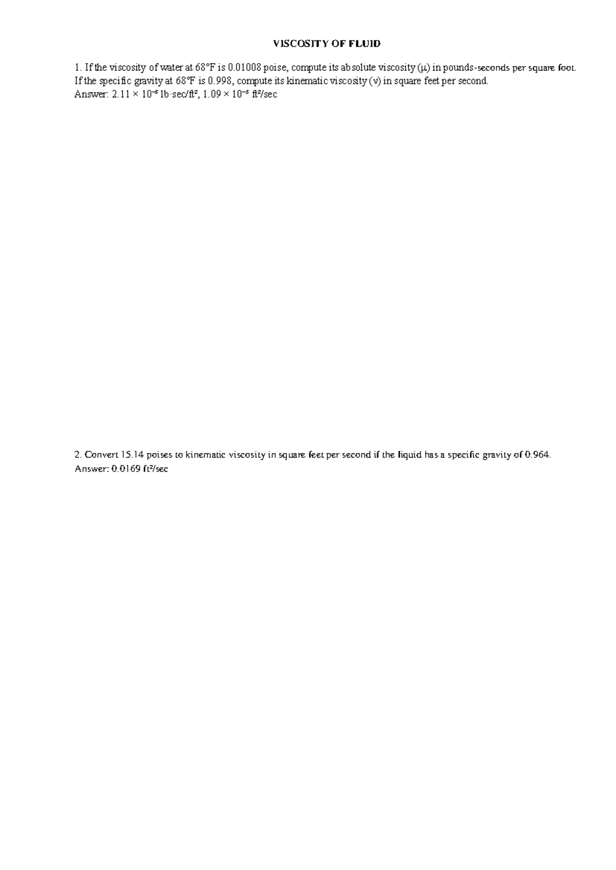 Fluid Mechanics: Viscosity Calculations and Applications - Studocu