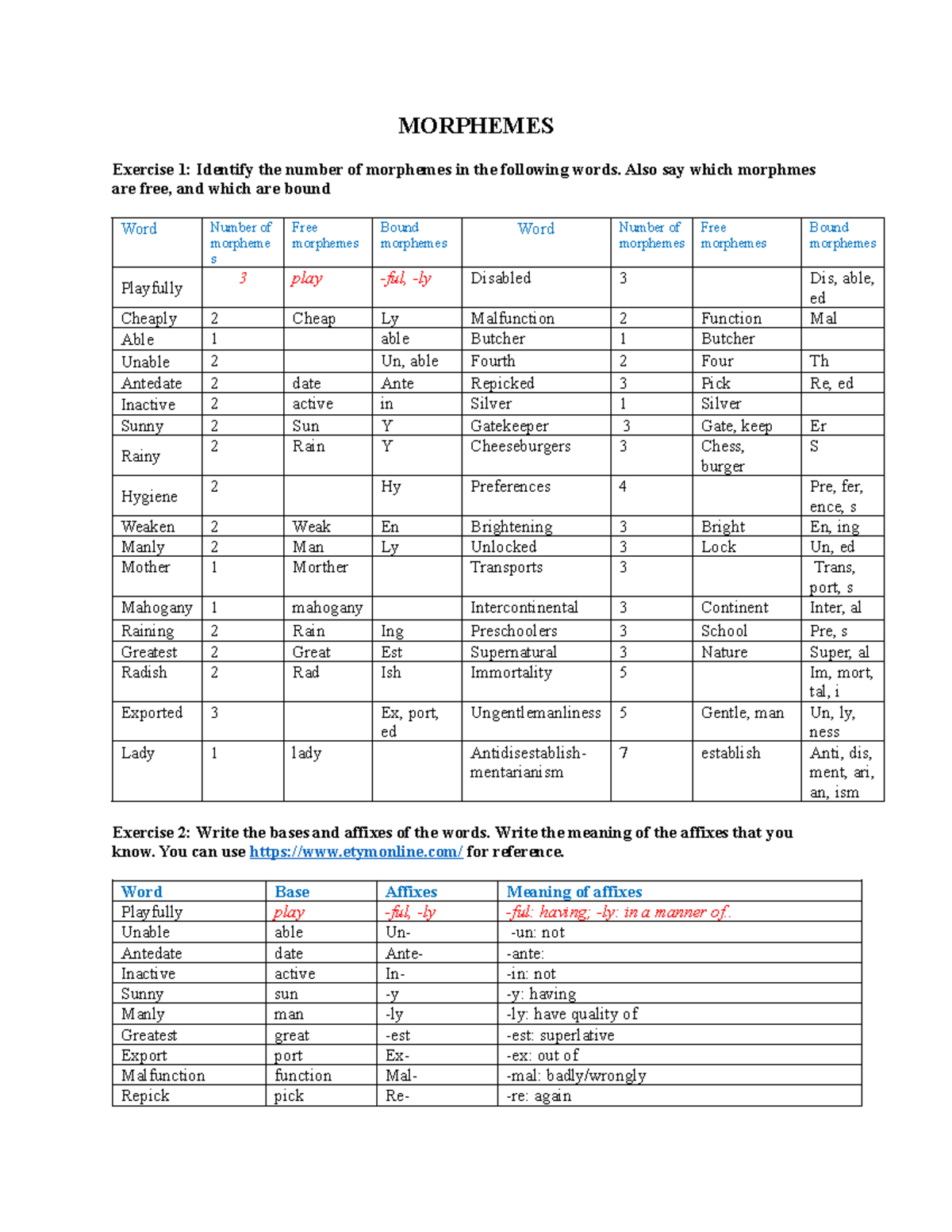 2024 Morphemes Exercises - MORPHEMES Exercise 1: Identify the number of morphemes in the ...