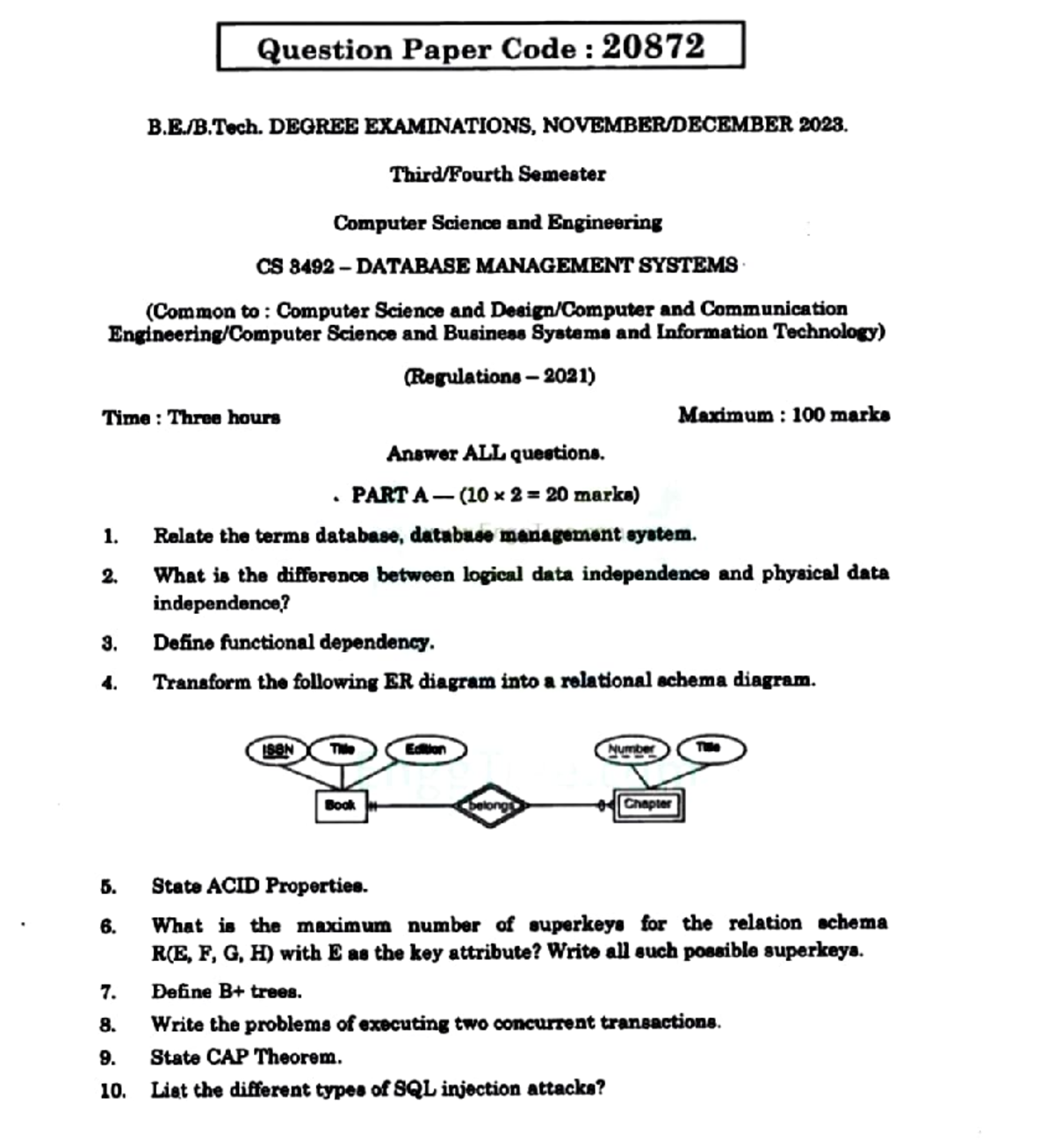 CS3492 Final Exam Question Paper: Database Management Systems - Studocu