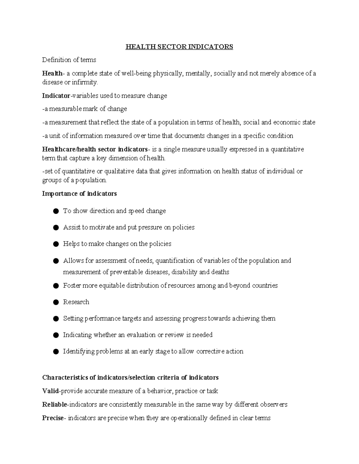 Health Sector Indicators: Definitions, Importance, and Types - Studocu