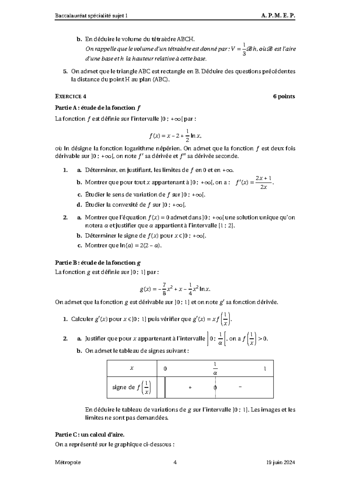 Métropole 1 - Exercice Maths - Baccalauréat spécialité sujet 1 A. P. M ...
