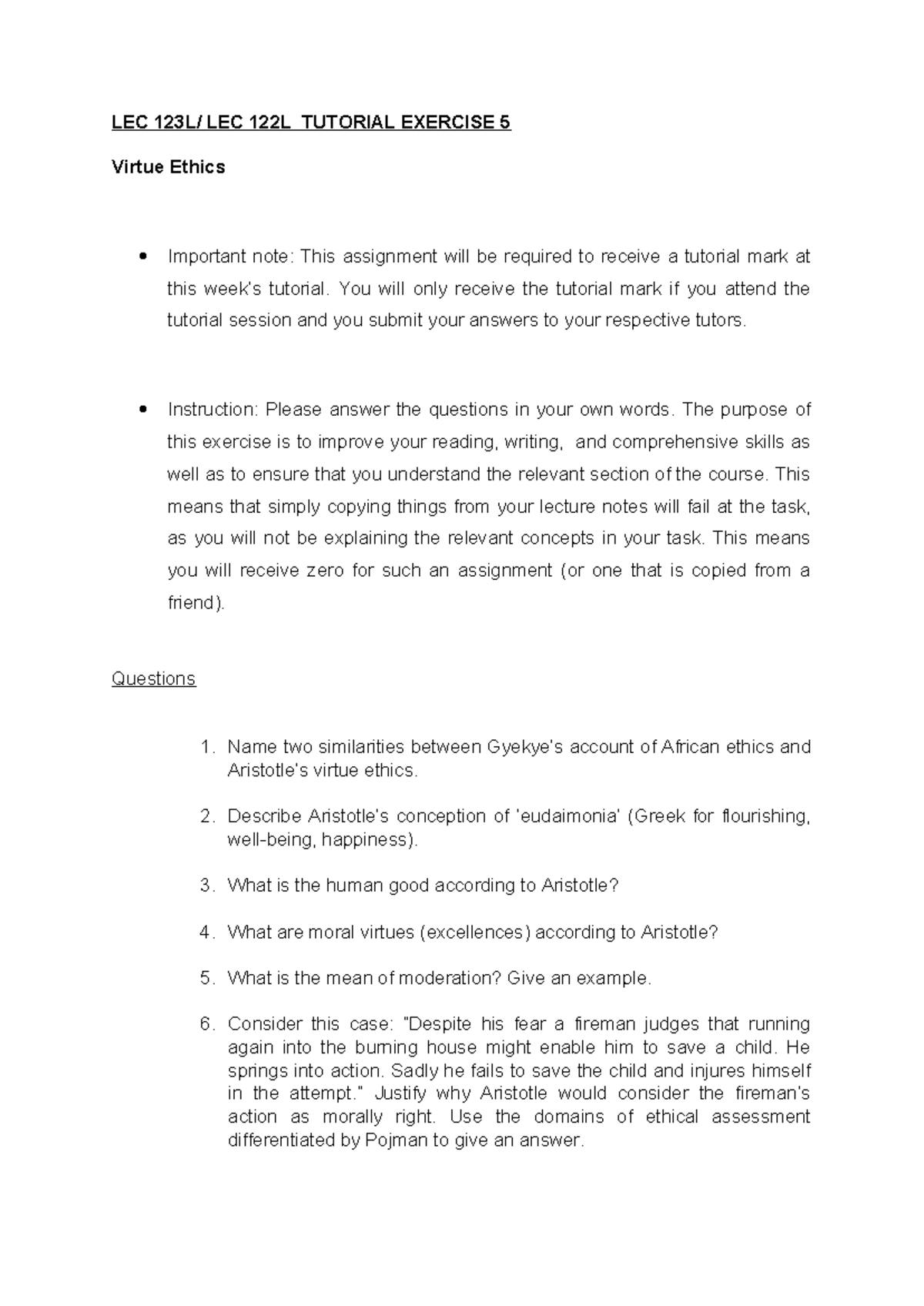 LEC 123L Tutorial Exercise 5: Understanding Virtue Ethics - Studocu
