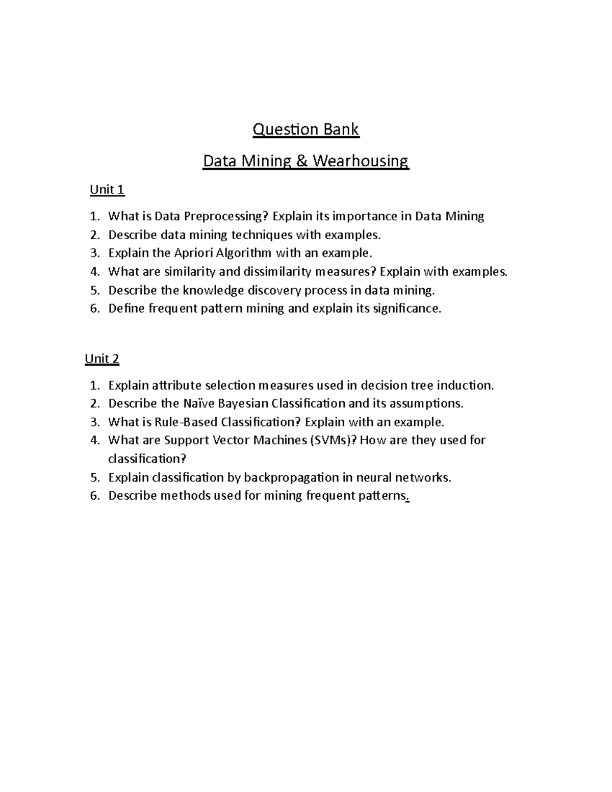DMW Question Bank: Data Mining & Warehousing Unit 1 & 2 - Studocu