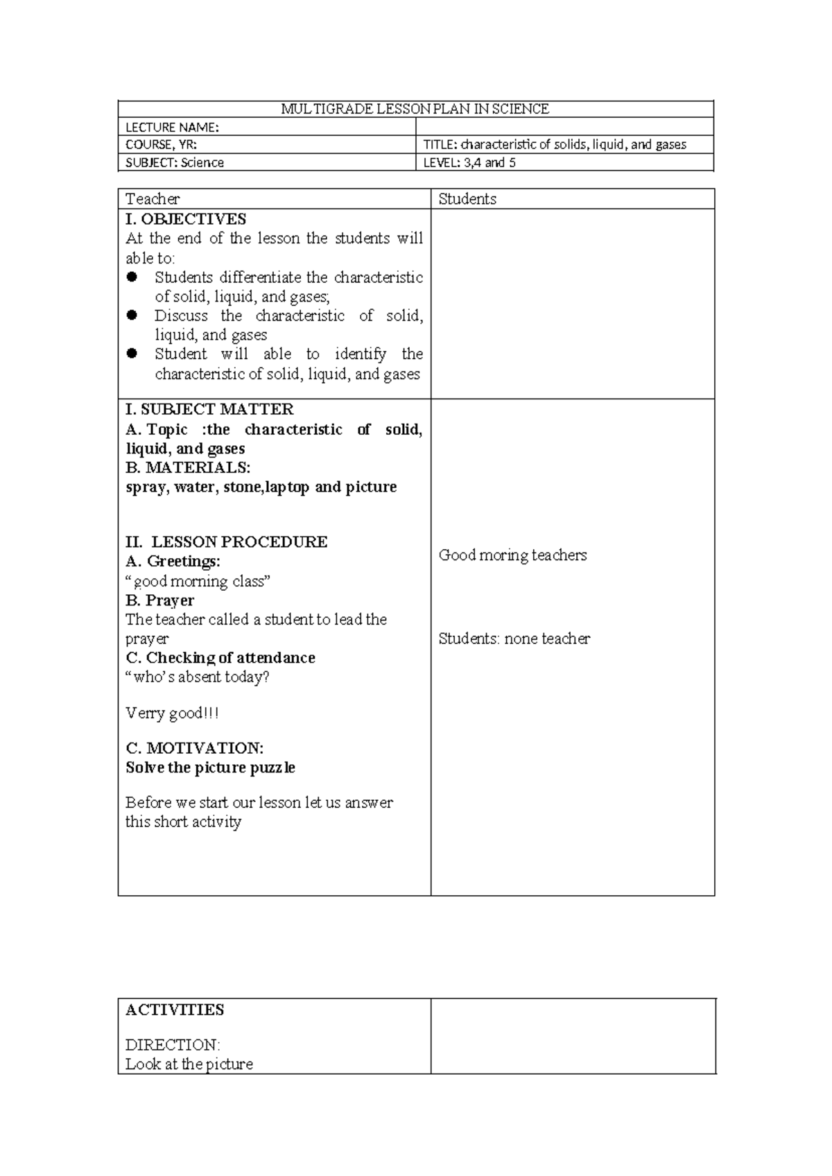 Multigrade Lesson Plan: Characteristics of Matter (Science) - Studocu